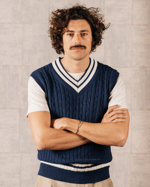 Velasca | Navy blue cable knit cotton sweater vest, made in Italy