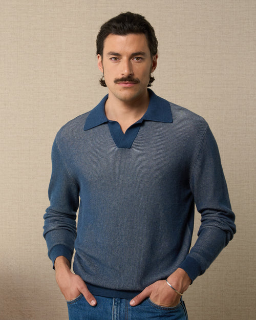 Blue vanisé knit polo shirt, Made in Italy | Velasca